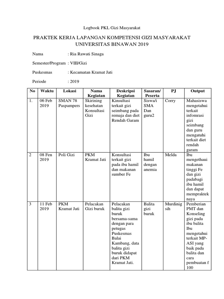 Logbook PKL Gizi Masyarakat 2019 | PDF