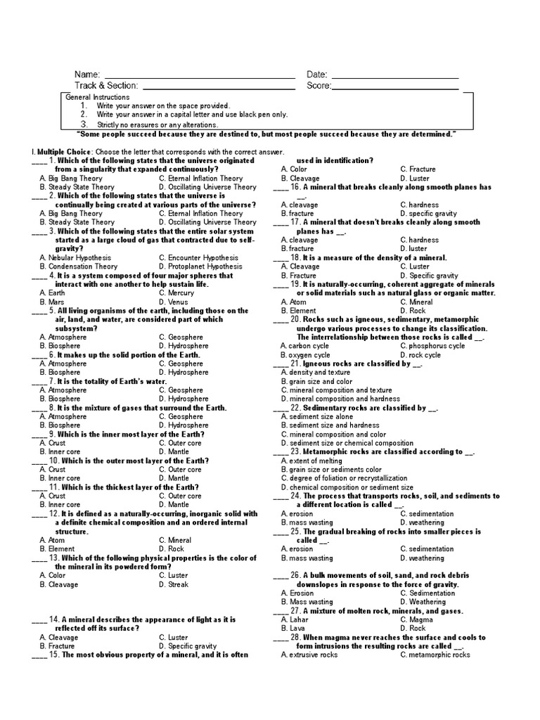 Pre-Test in Earth and Life Science (Answer Key) | PDF | Rock (Geology ...