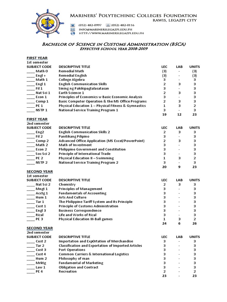 Bachelor of Science in Customs Administration (BSCA) : First Year | PDF ...