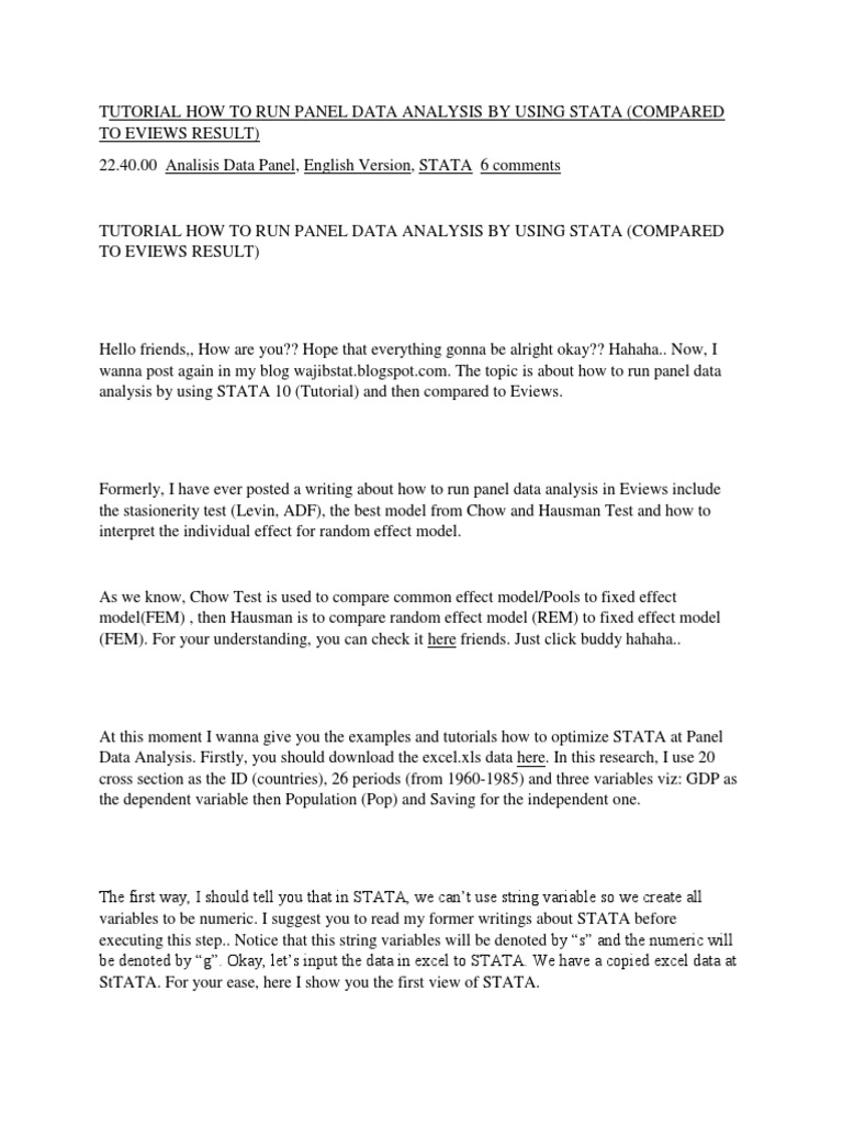 Tutorial How To Run Panel Data Analysis by Using Stata | PDF | Random Effects Model | Data Analysis