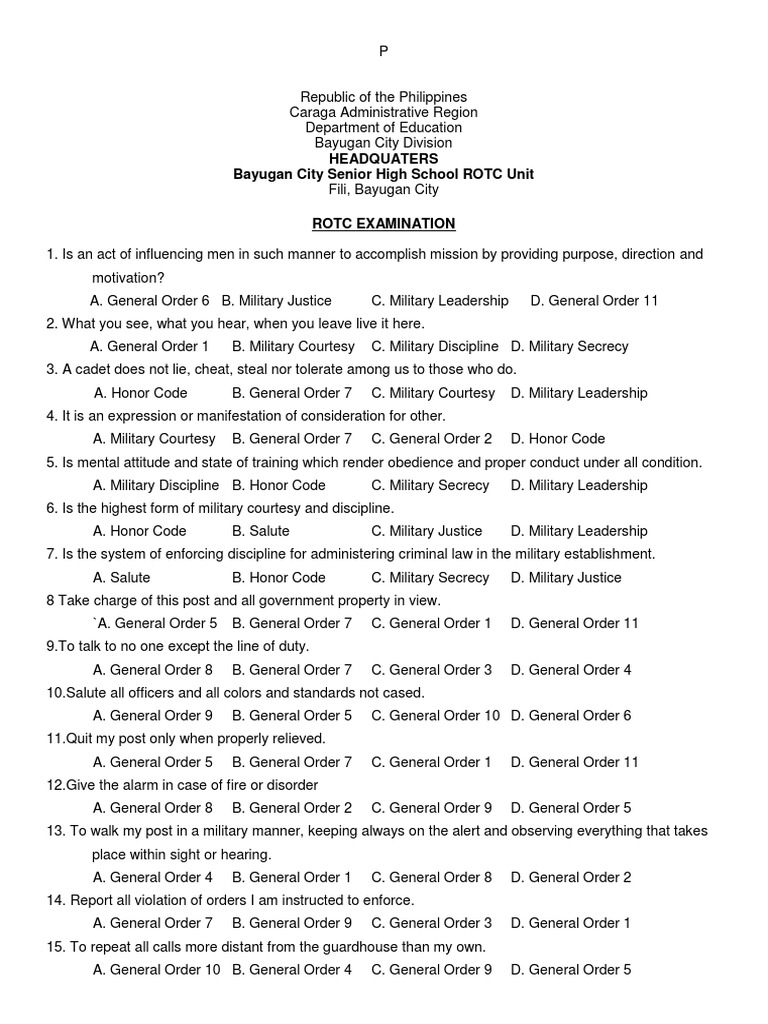 Rotc Examination Final | PDF | Officer (Armed Forces) | Military Justice