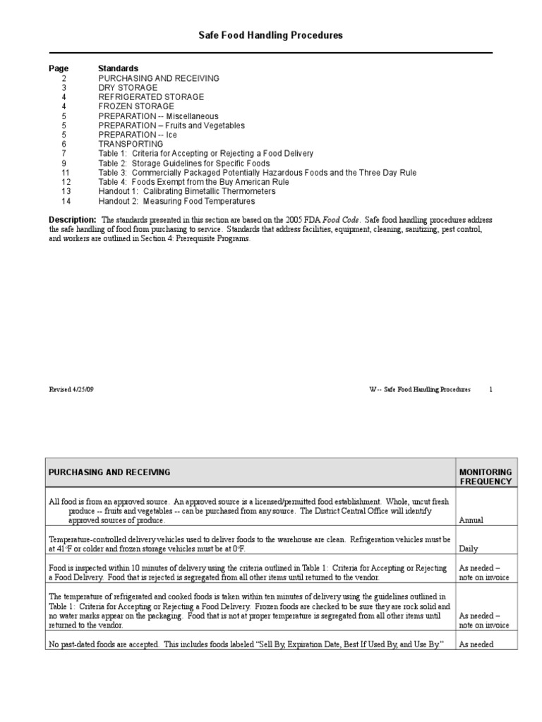 Safe Food Handling Procedures: Standards | PDF | Food And Drink ...
