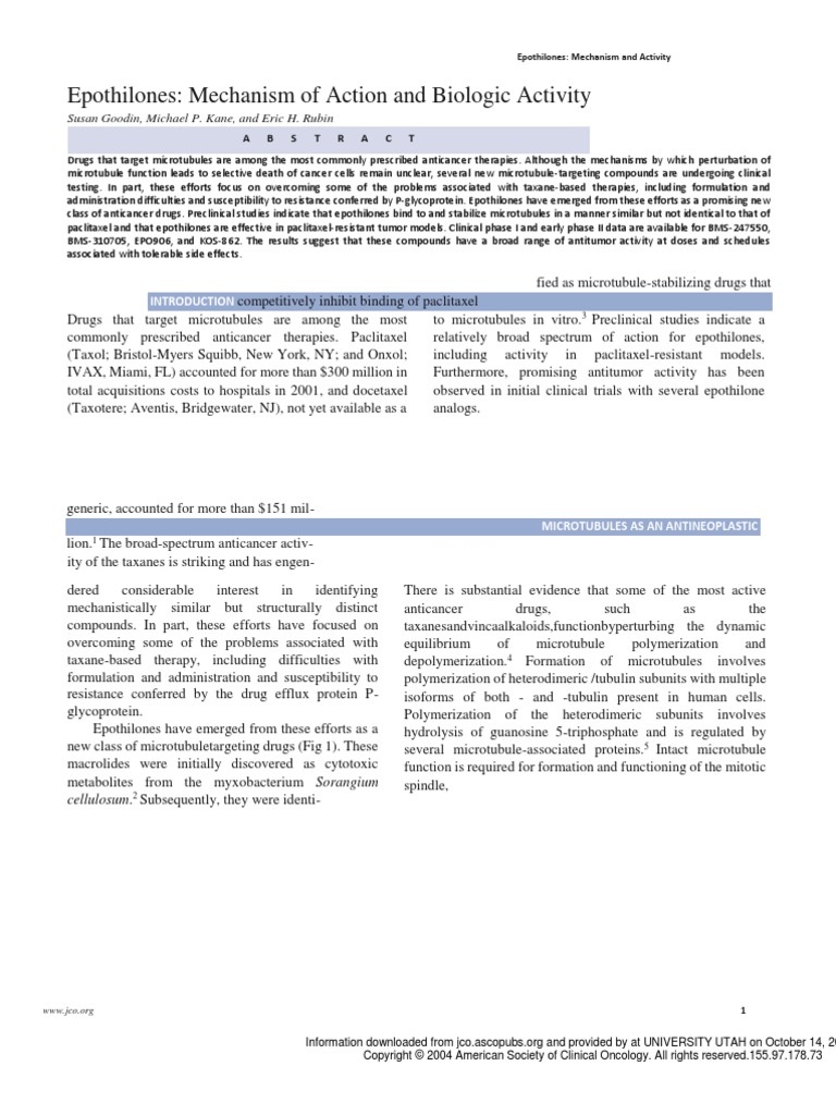 Epothilones: Mechanism of Action and Biologic Activity: Susan Goodin ...