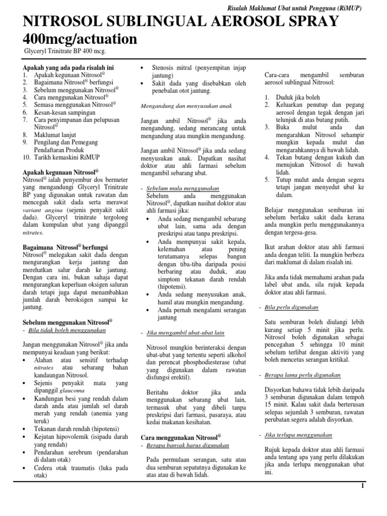 Nitrosol Sublingual Aerosol Spray (Glyceryl Trinitrate) Vitamode Sdn ...