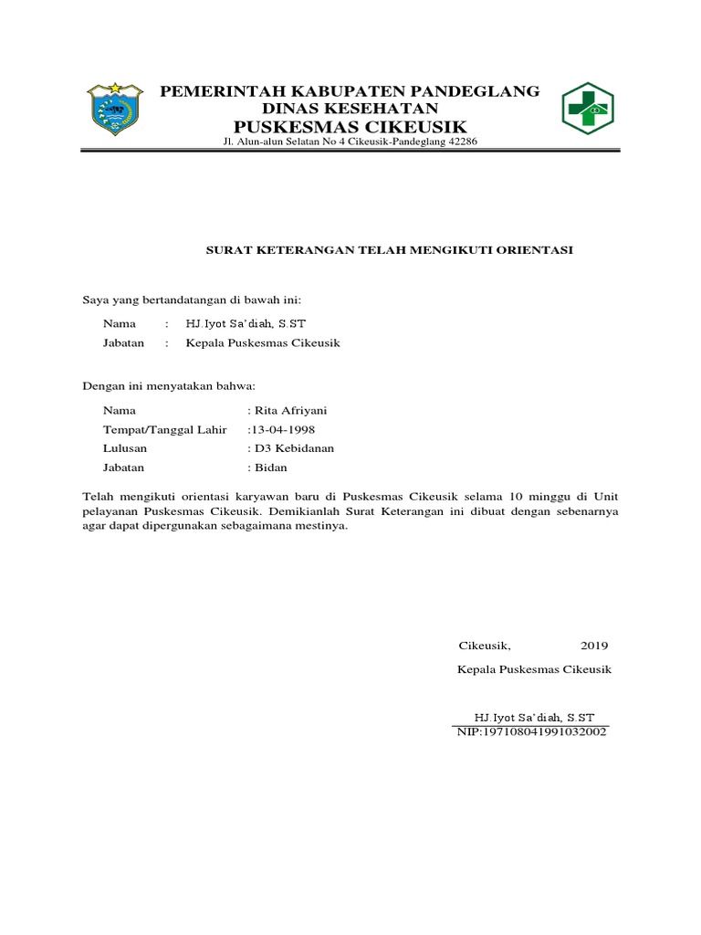 Surat Keterangan Orientasi | PDF