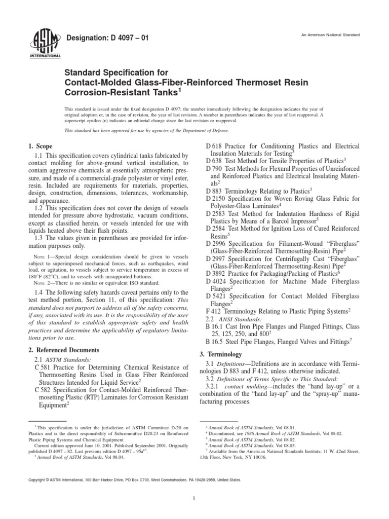 Astm - D4097-01 PDF | PDF | Fiberglass | Building Materials