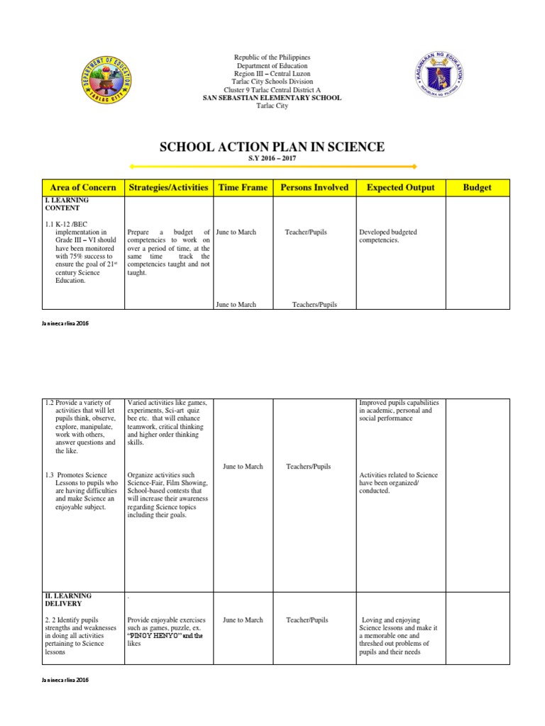 Action Plan In Science Jaja Version Science Education Science