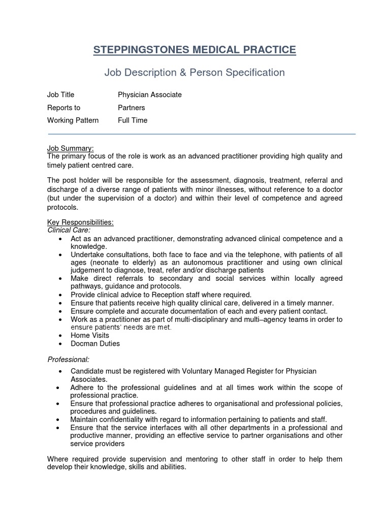 Steppingstones Medical Practice: Job Description & Person Specification ...