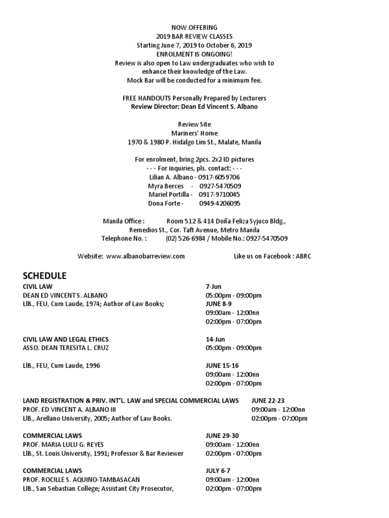 2019 Schedule of Bar Review Classes Offered by the Alban Bar Review ...