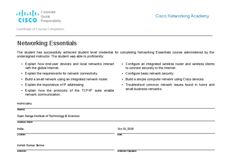 Networking Essentials Course Completion Certificate | PDF