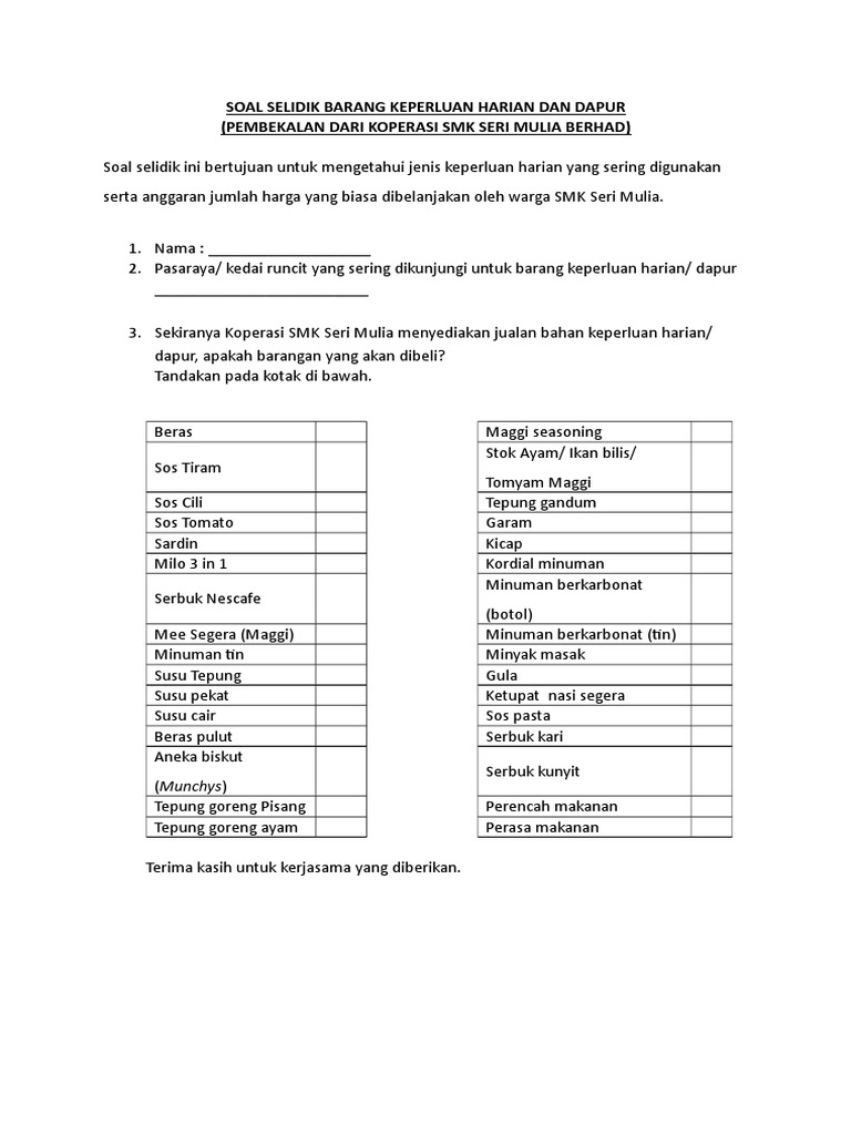 Senarai Barang Keperluan Harian Dapur | PDF
