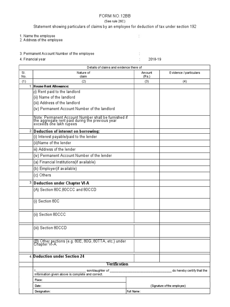 Employee Tax Deduction Claim Form 12BB | PDF | Personal Finance | Interest