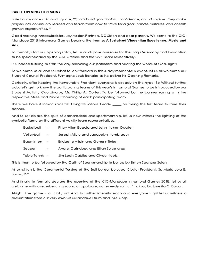 Intramurals Opening Salvo Script | PDF | Cheerleading | Sports