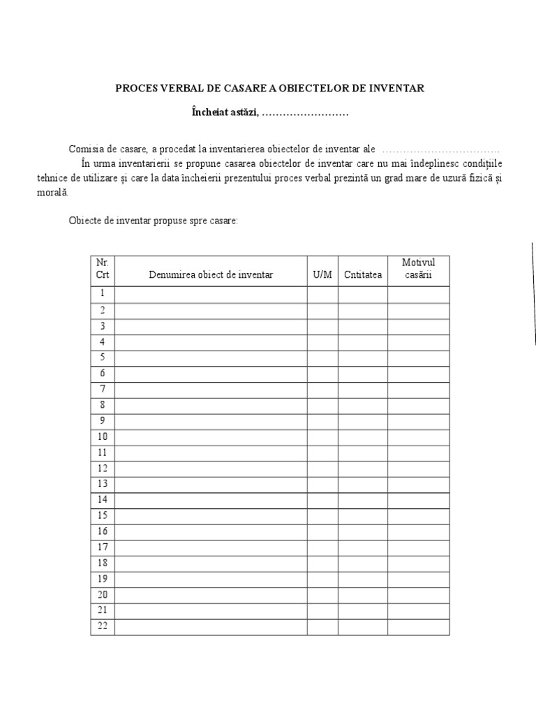 Proces Verbal de Casare A Obiectelor de Inventar | PDF