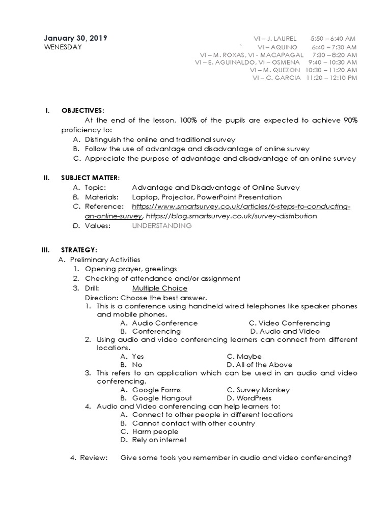 Lesson Plan Advantage and Dis Advantage Online Survey | PDF | Survey ...