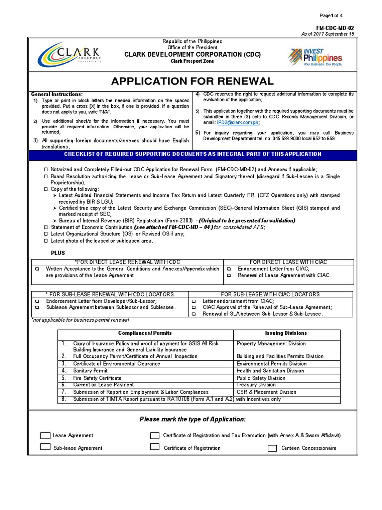 Revised Application for Renewal FM-CDC-MD-02 as of 2017 Sept 15 | Lease ...