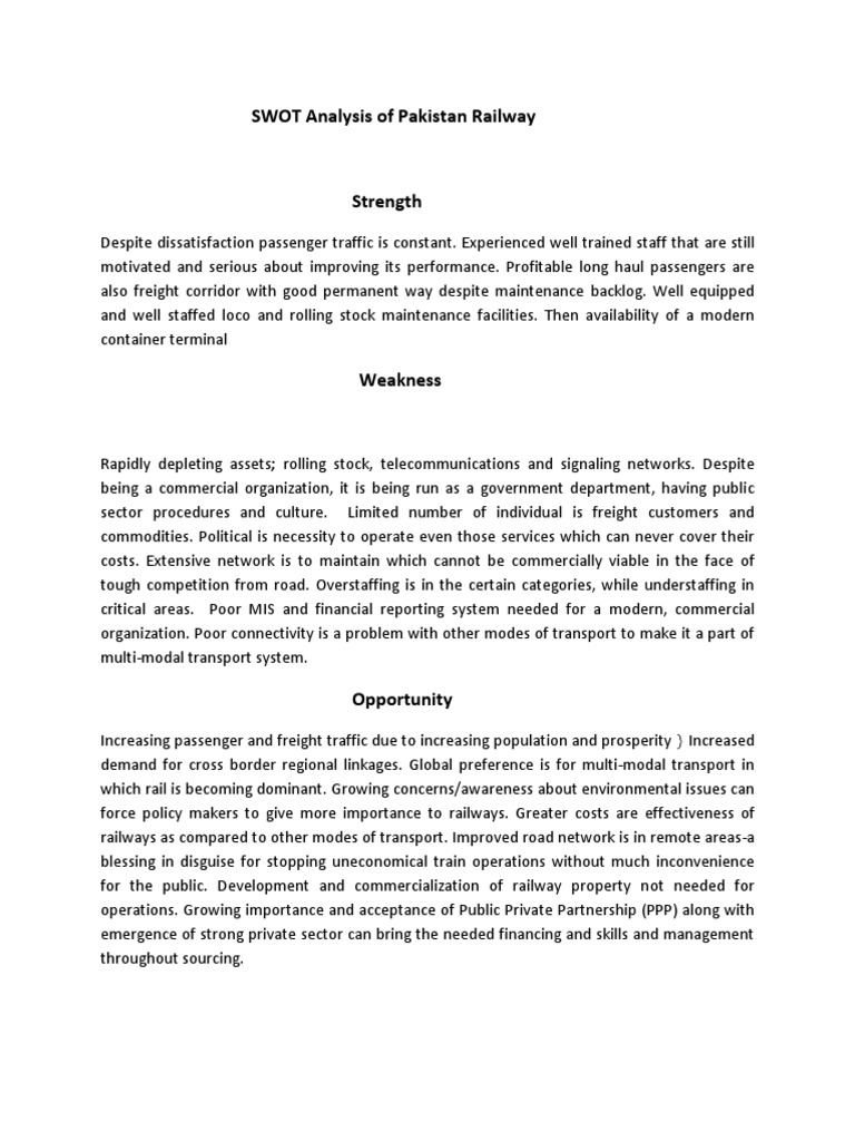 SWOT Analysis of Pakistan Railways | PDF | Rail Transport | Train