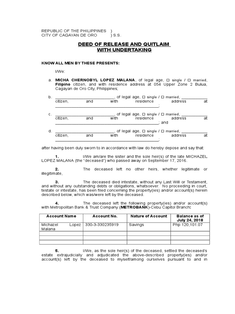 Deed of Release Waiver Undertaking Deceased Depositor Michazel Malana ...