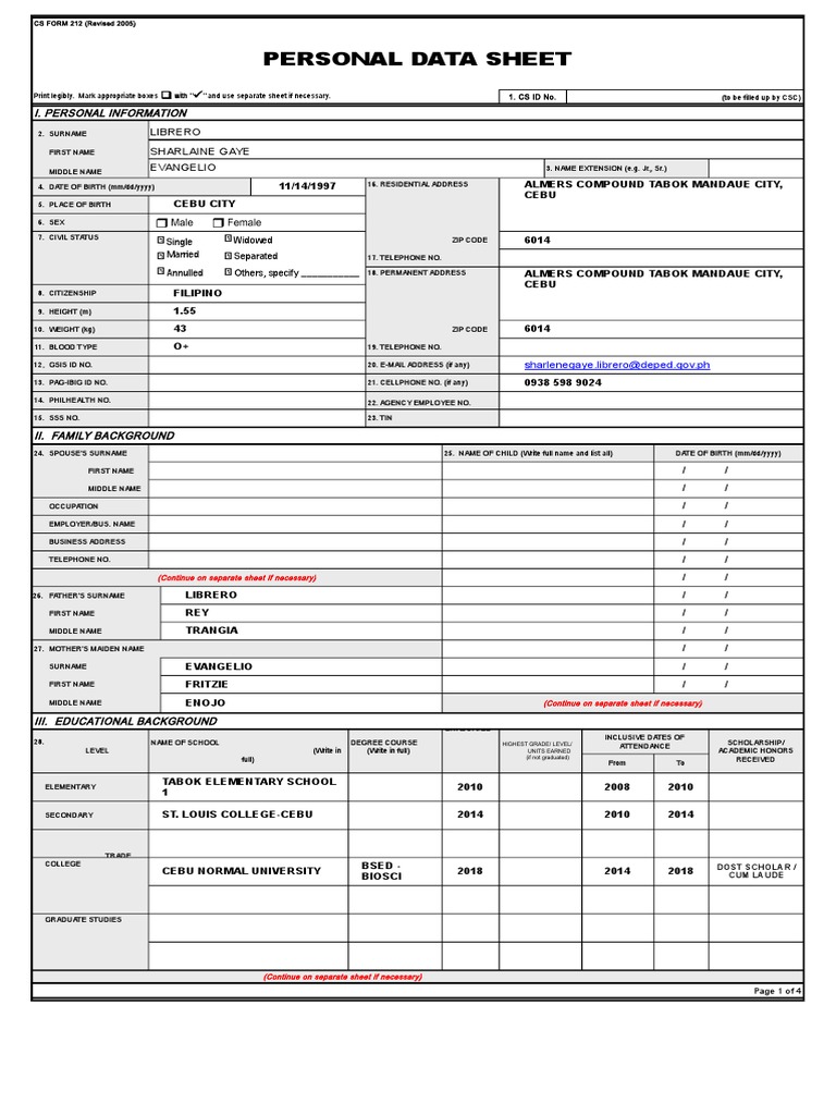 Pds Personal Data Sheet | PDF | Government | Social Institutions