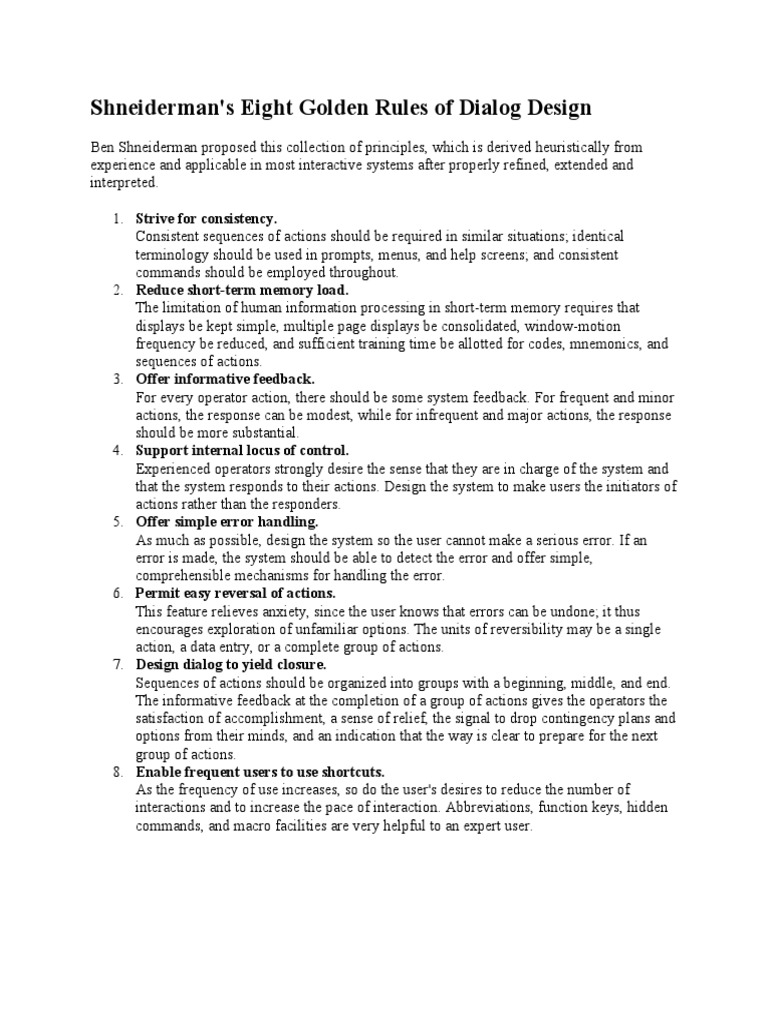 Shneiderman's Eight Golden Rules of Dialog Design | PDF | User ...