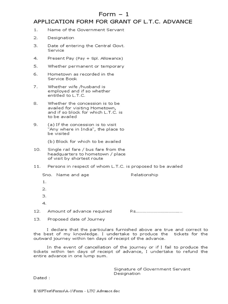 Form - 1: Application Form For Grant of L.T.C. Advance | PDF