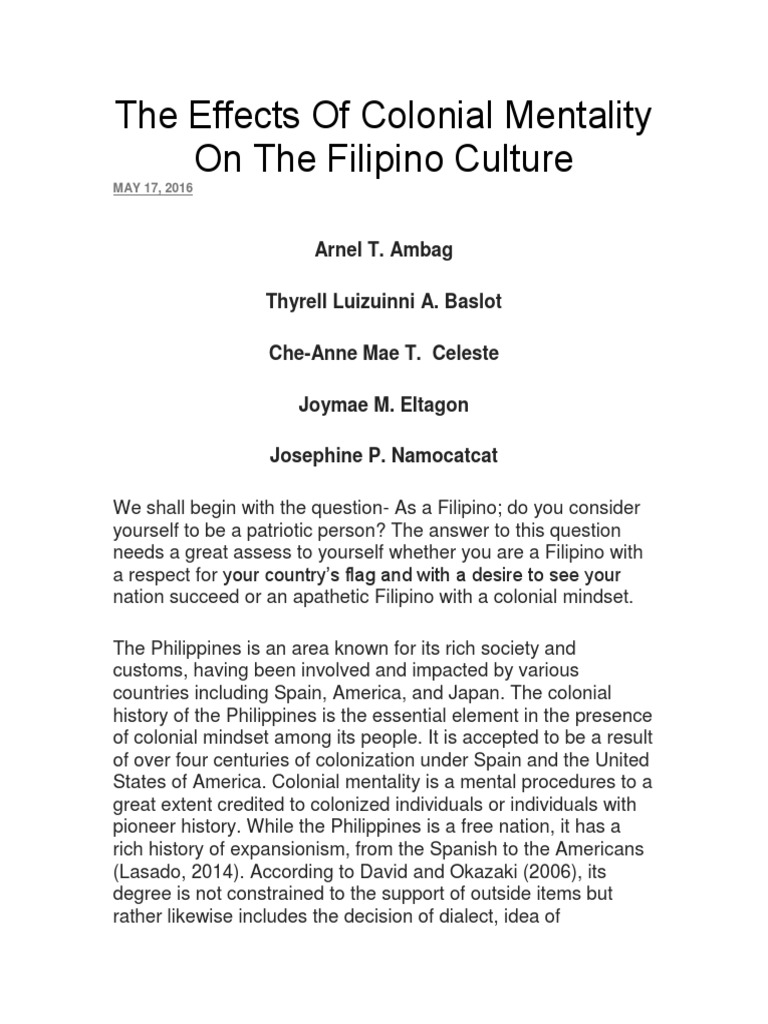 The Effects of Colonial Mentality On The Filipino Culture | PDF | Philippines | Colonialism