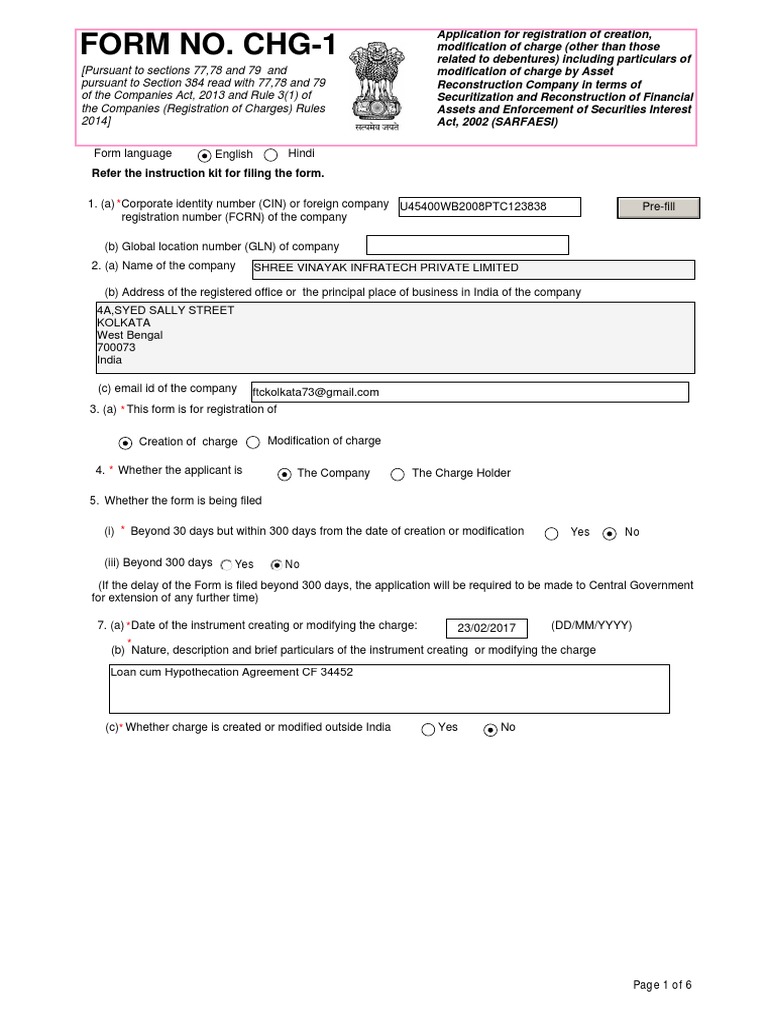 Form CHG-1-16032017 Signe Cfil C | Download Free PDF | Rupee | Loans