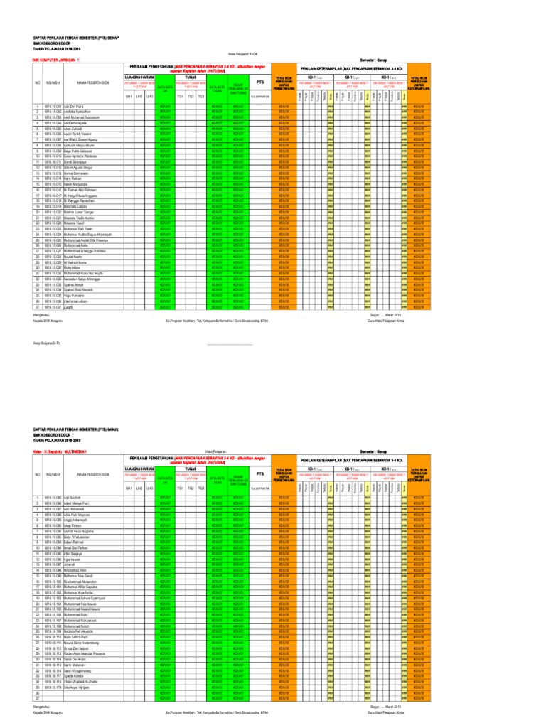 Nilai Pat Genap XI PJOK Semua Prody - TB | PDF