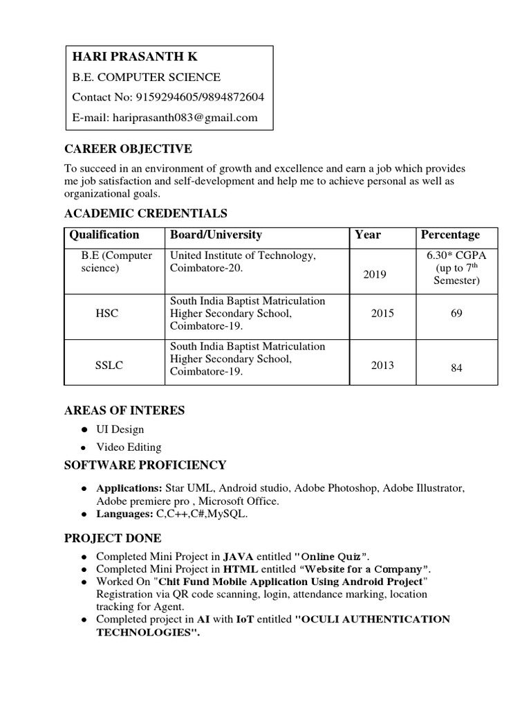 Hari Prasanth K: B.E. Computer Science Contact No: 9159294605/9894872604 | PDF | Software ...
