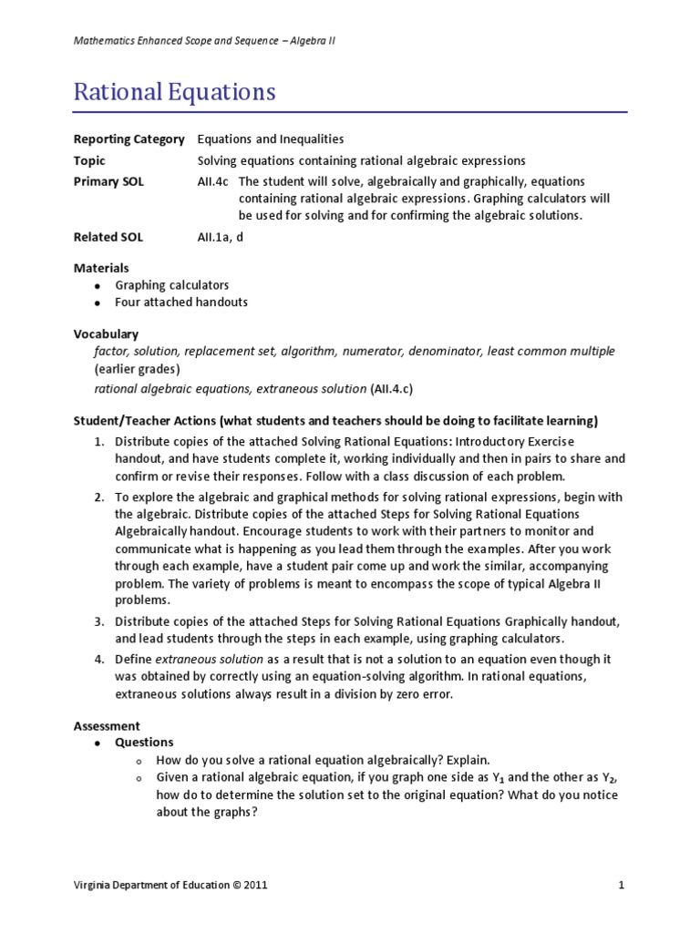 Rational Equation Worksheet PDF | PDF | Equations | Algebra