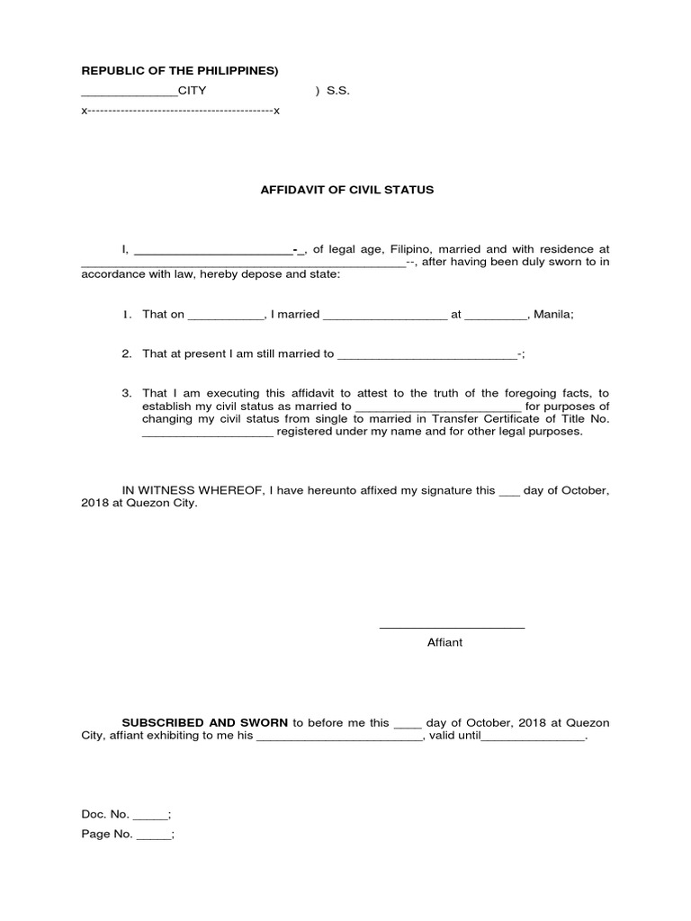Affidavit of Civil Status - Sample | PDF | Law