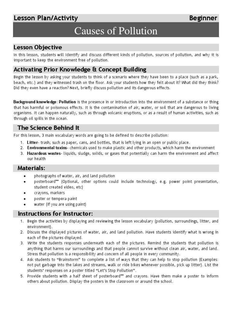 Causes of Pollution Lesson Plan Beginner | PDF | Pollution | Natural ...