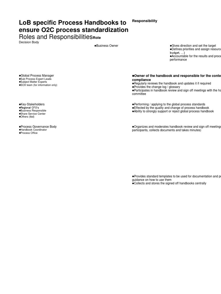 Lob Specific Process Handbooks To Ensure O2C Process Standardization | PDF