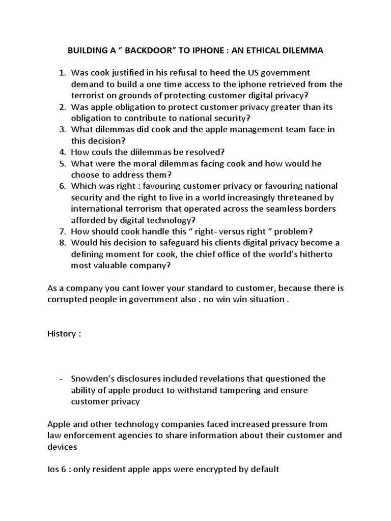 Building A " Backdoor" To Iphone - An Ethical Dilemma | PDF | Ios ...