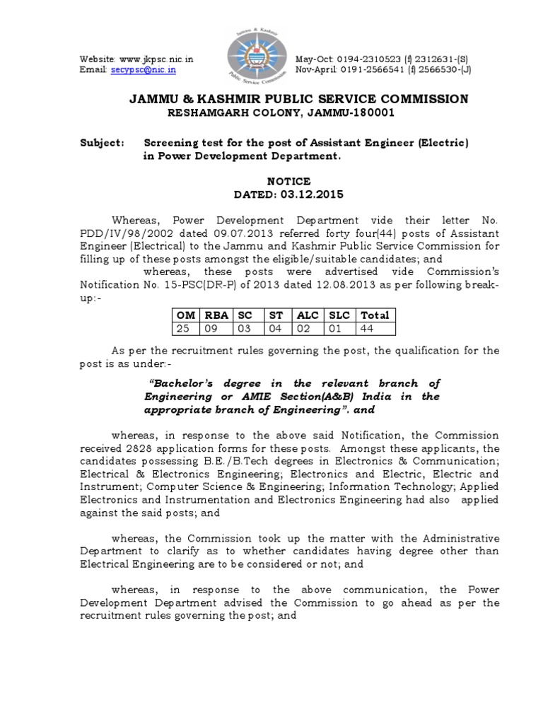 JKPSC Screening Test Notice | PDF | Government | Engineering