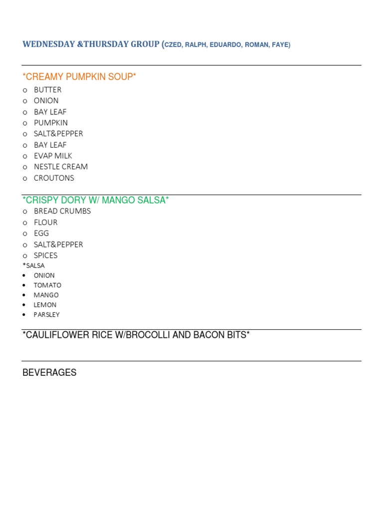 Wednesday Menu | PDF