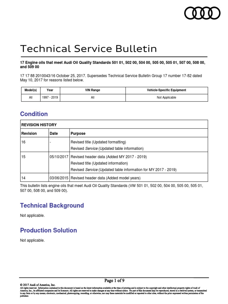 Audi 2017 Technical Service Bulletin 1.22.2018 | PDF | Motor Oil | Oils