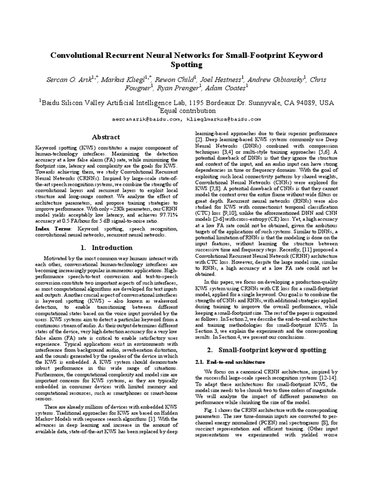 Convolutional Recurrent Neural Networks For Small-Footprint Keyword ...