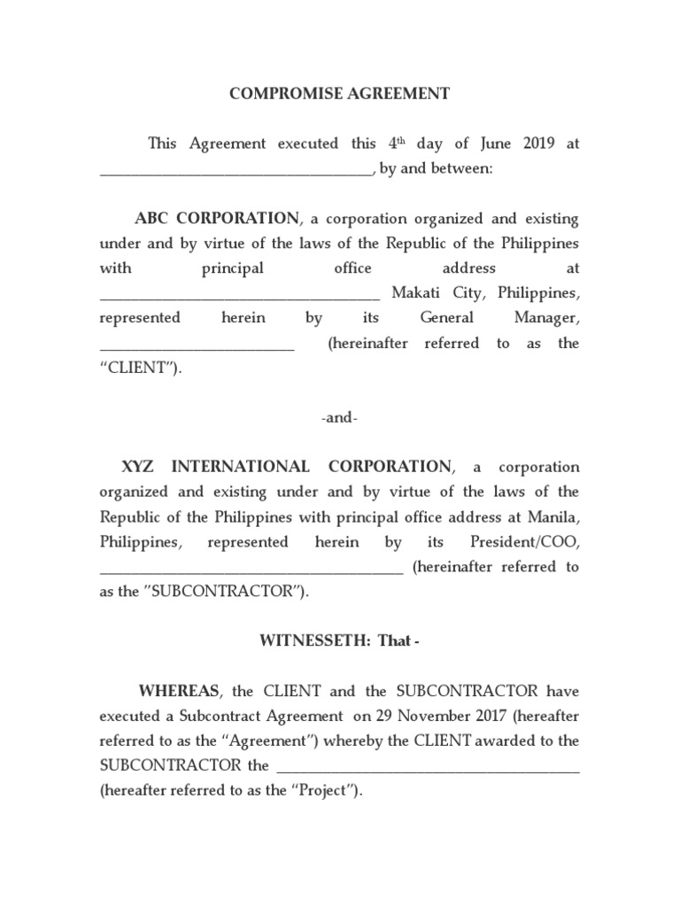 Compromise Agreement Template | PDF | Business | Private Law Compromise Agreement Template | PDF | Business | Private Law