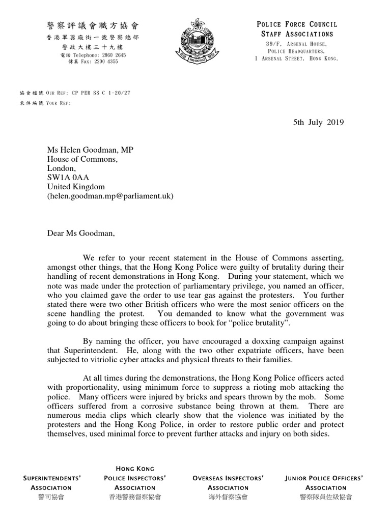 Letter To Helen Goodman MP From HK Police Staff Associations | PDF ...