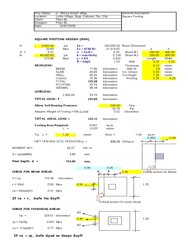 Squre Footing Design2 WSD Final | PDF | Beam (Structure) | Classical Mechanics