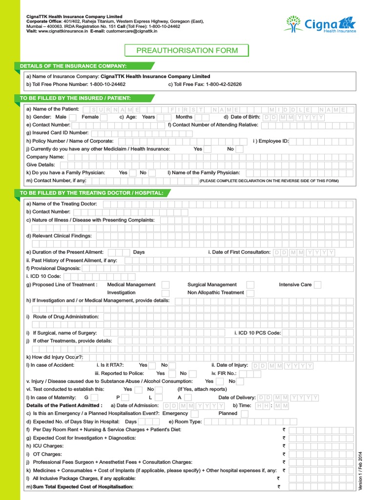 Cigna TTK-preauth | PDF | Hospital | Surgery