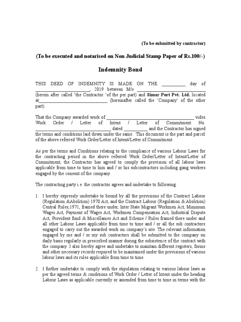 Indeminity Bond | PDF | Indemnity | Employment