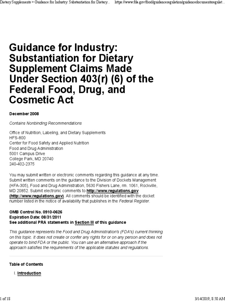 Guidance For Industry Substantiation For Dietary Supplement Claims Made ...