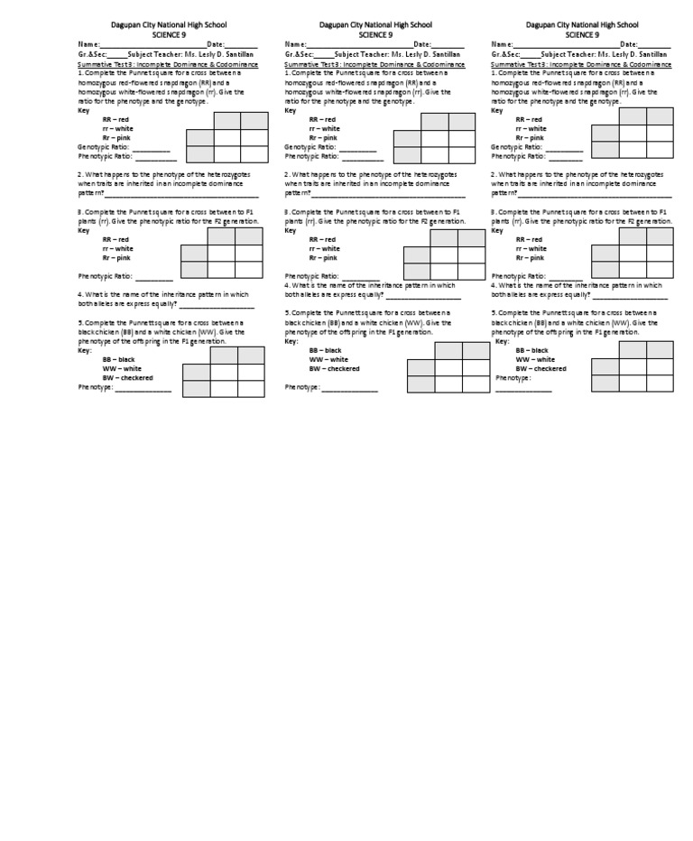 Incomplete and Codominance Worksheet | PDF | Dominance (Genetics ...