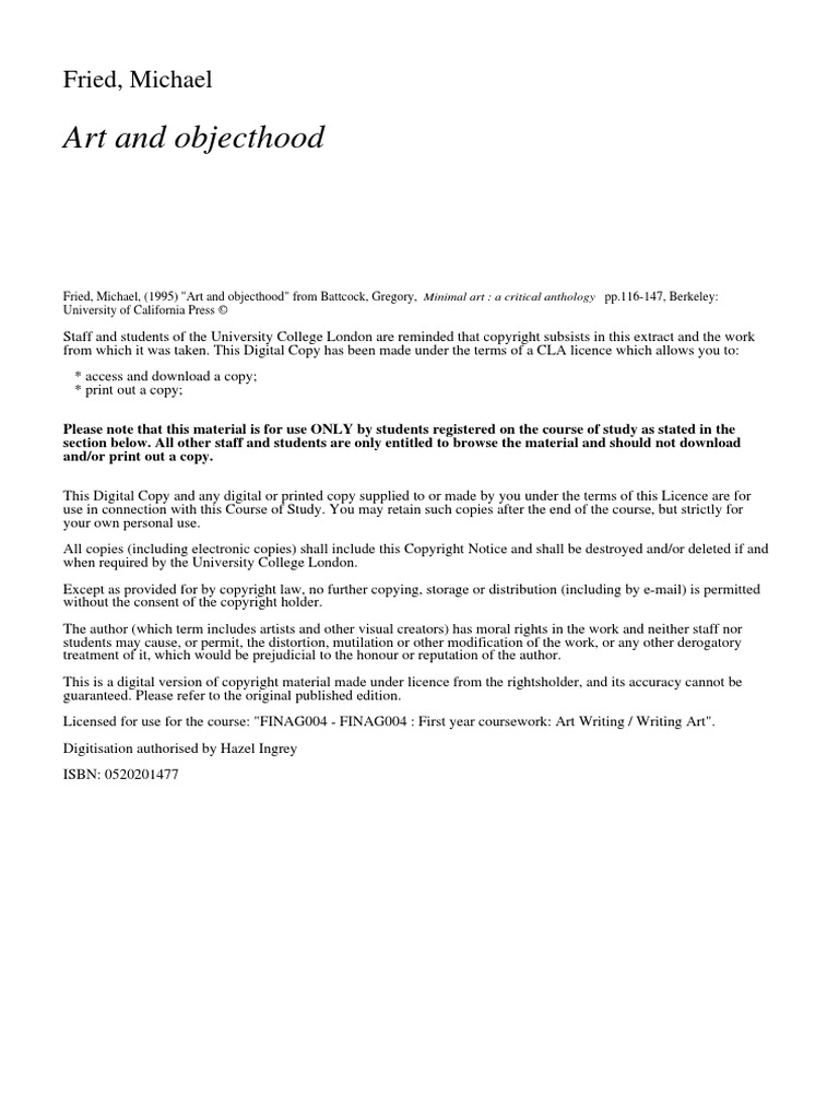 Fried-Art and Objecthood | PDF | Minimalism | Object (Philosophy)