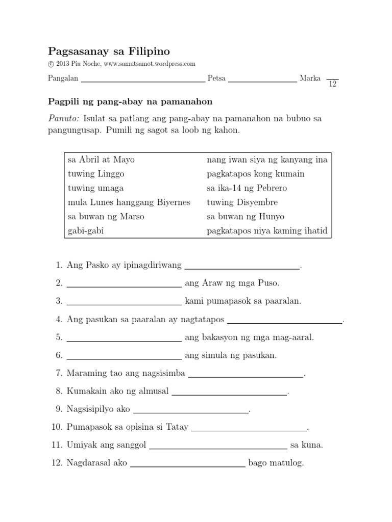 Pagpili NG Pang Abay Na Pamanahon 11 PDF | PDF