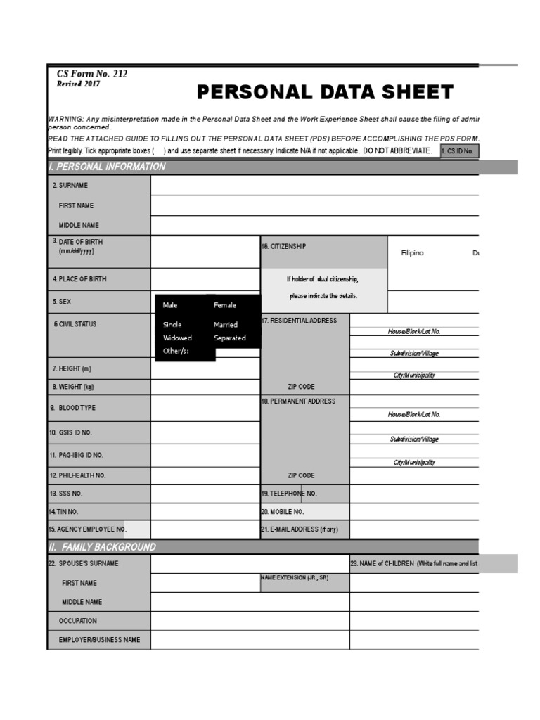 Personal Data Sheet Instructions | PDF | Passport | Crime & Violence