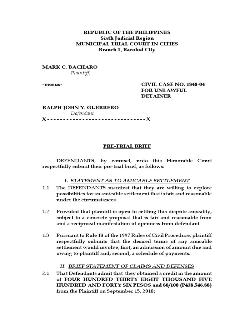 Ejectment Pre-Trial Brief | PDF | Discovery (Law) | Lawsuit