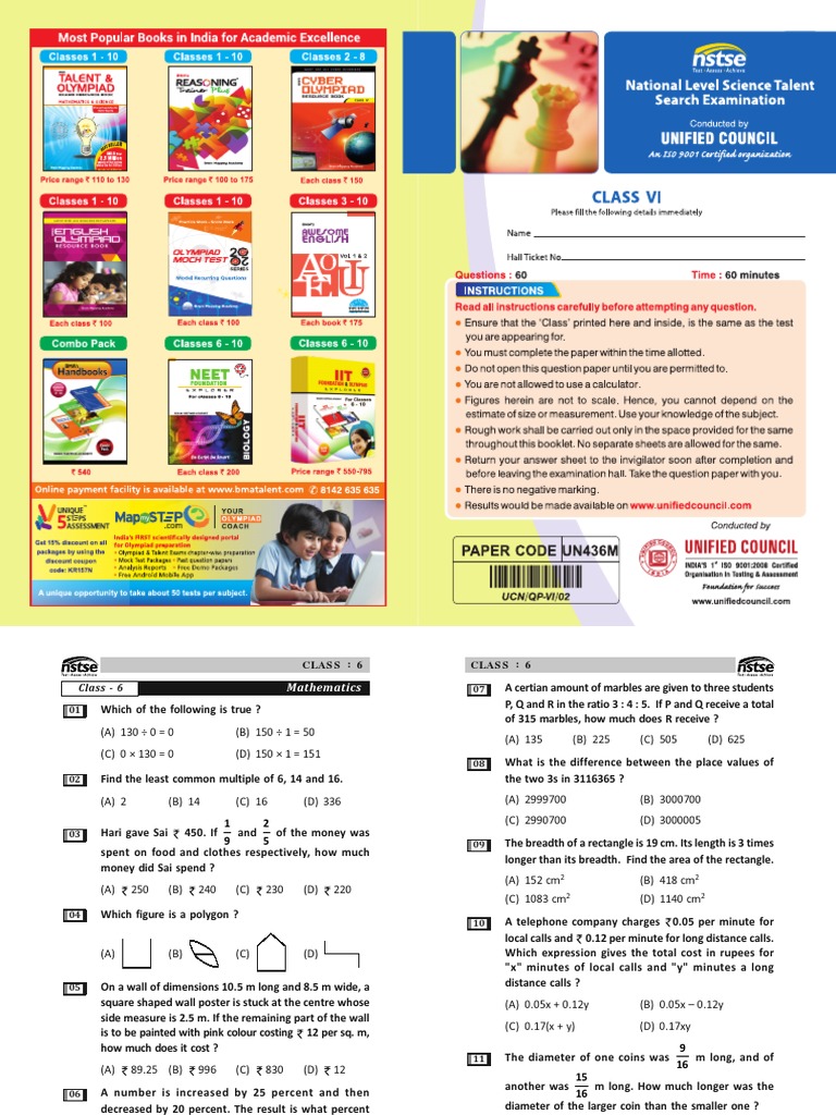 Class - 6 - NSTSE - MQP - 436 (M) & 439 (M) | PDF | Carbon | Fraction (Mathematics)